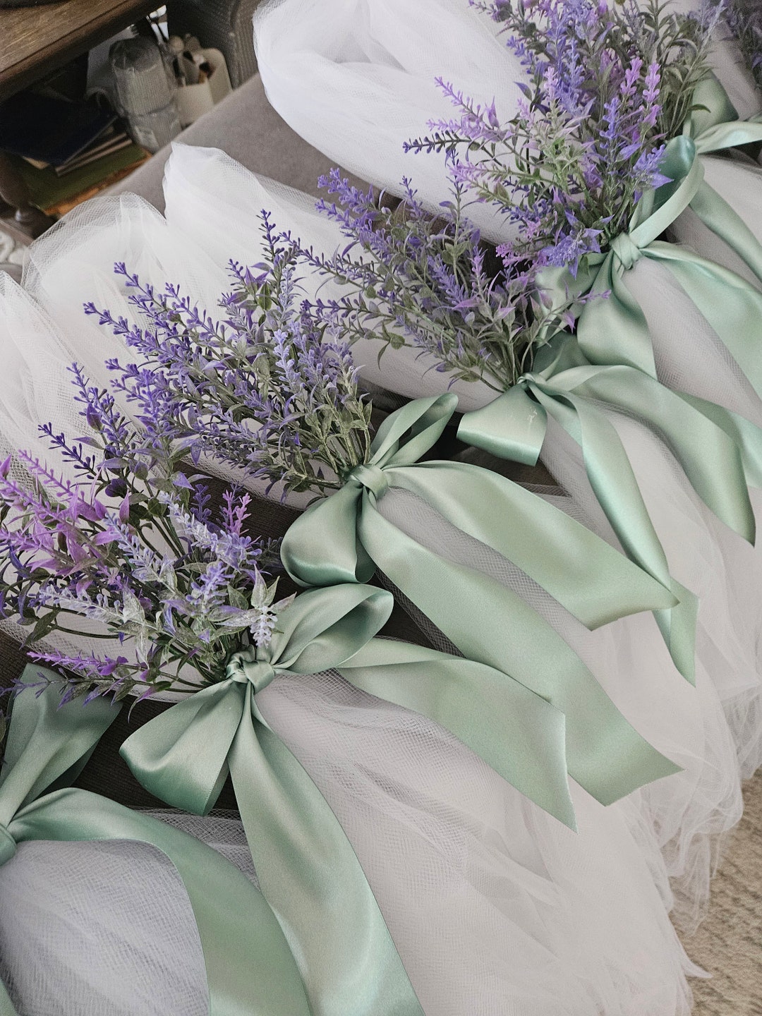 10 White Tulle With Sage Ribbon and Lavender Flowers. - Etsy