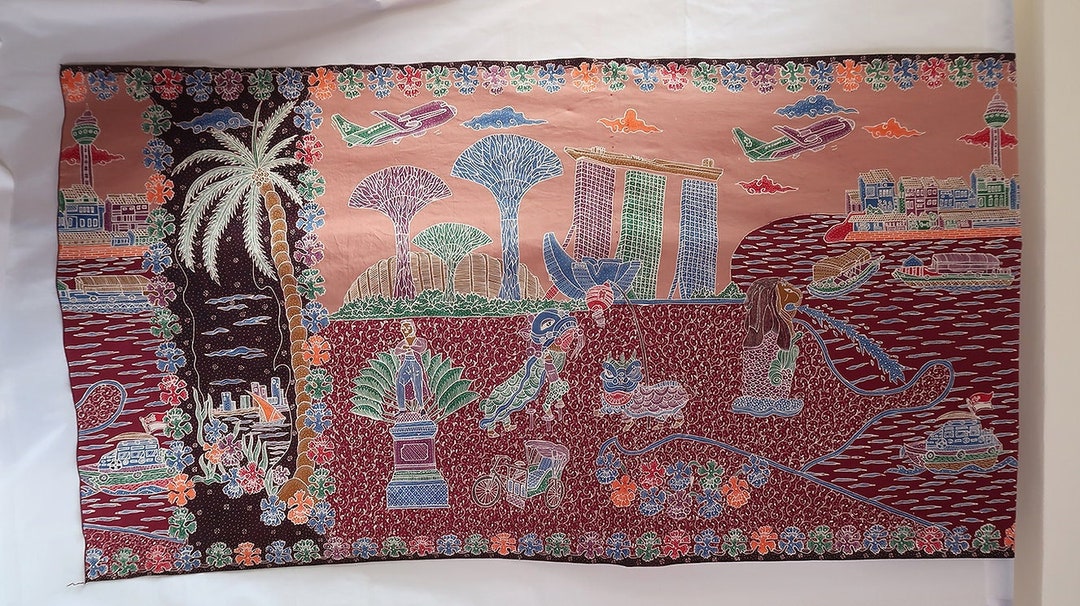 Sarong: Hand-drawn Batik Singapore Theme on Black-red - Etsy