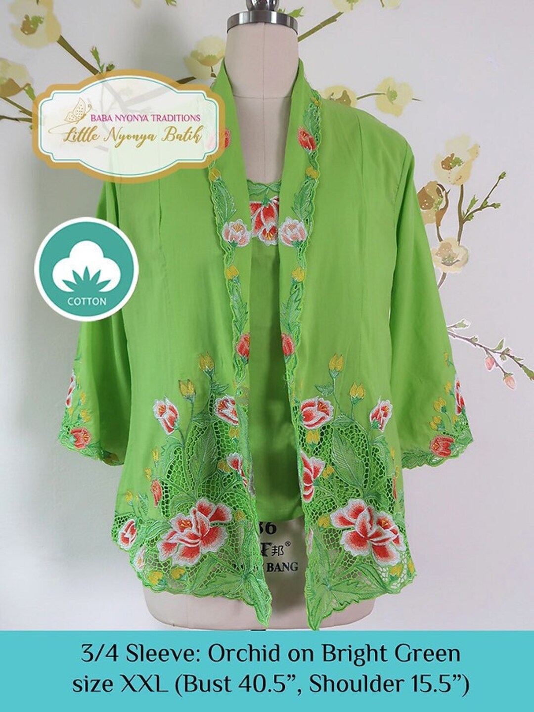 SOLD Size XXL: Modern Nyonya Kebaya Flower 3/4 Sleeve on Cotton - Etsy