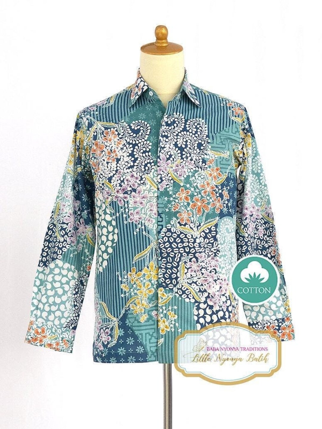 Size S: Peranakan Baba Stamp Batik Shirt. Long Sleeve on Cotton - Etsy