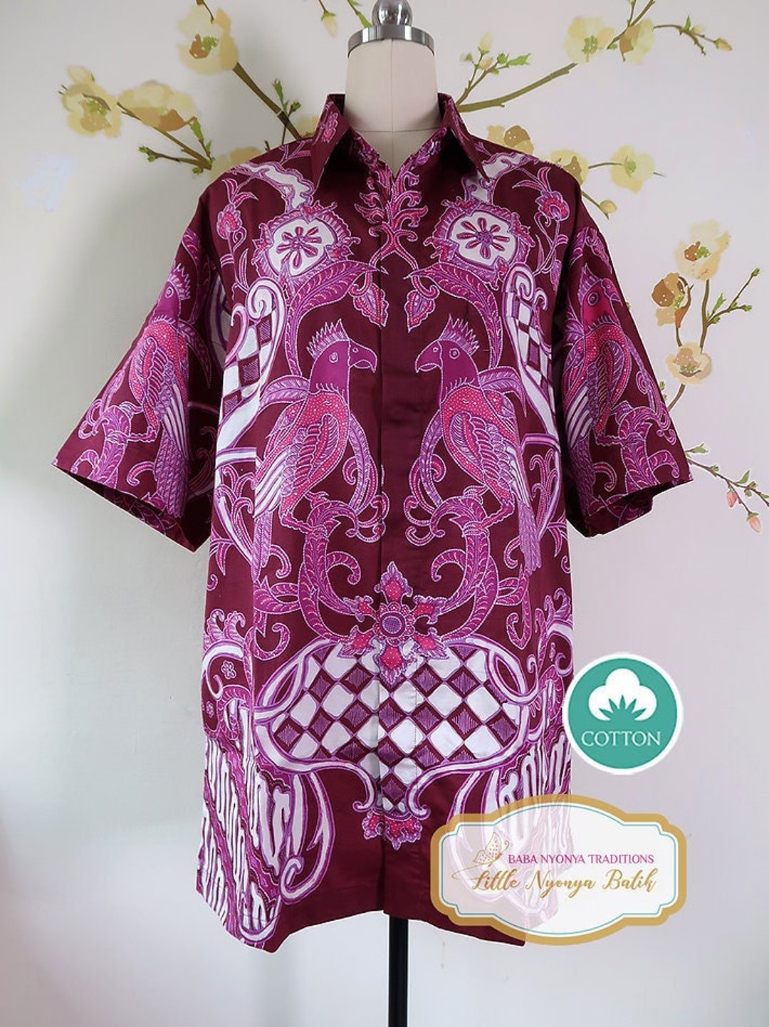 Size XXL: Peranakan Baba Hand-drawn Batik Shirt. Short Sleeve on Cotton ...