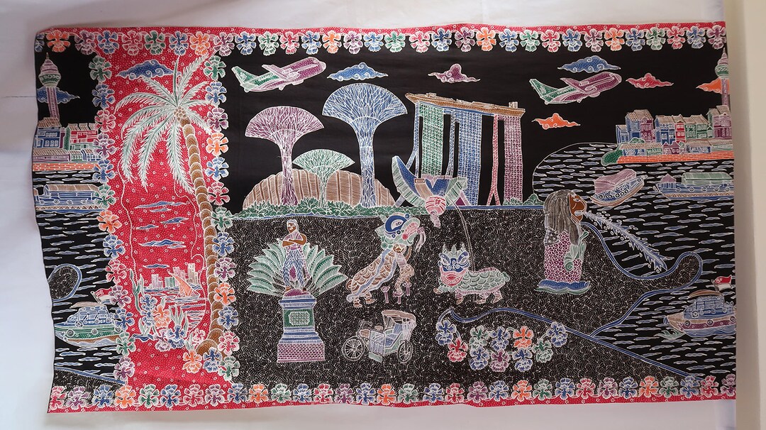 Sarong: Hand-drawn Batik Singapore Theme on Black - Etsy