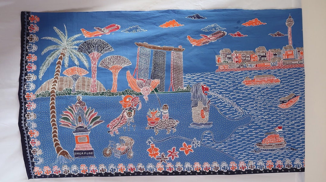 Sarong: Hand-drawn Batik Singapore Theme on Blue - Etsy