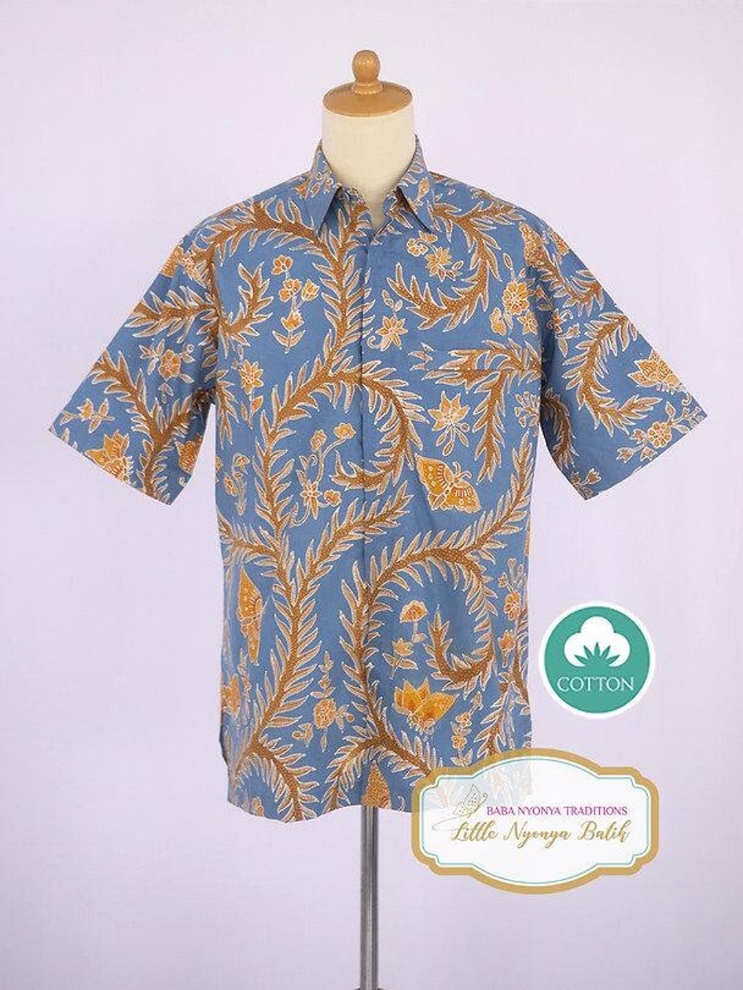 Size L: Peranakan Baba Hand-drawn Batik Shirt. Short Sleeve on Cotton ...