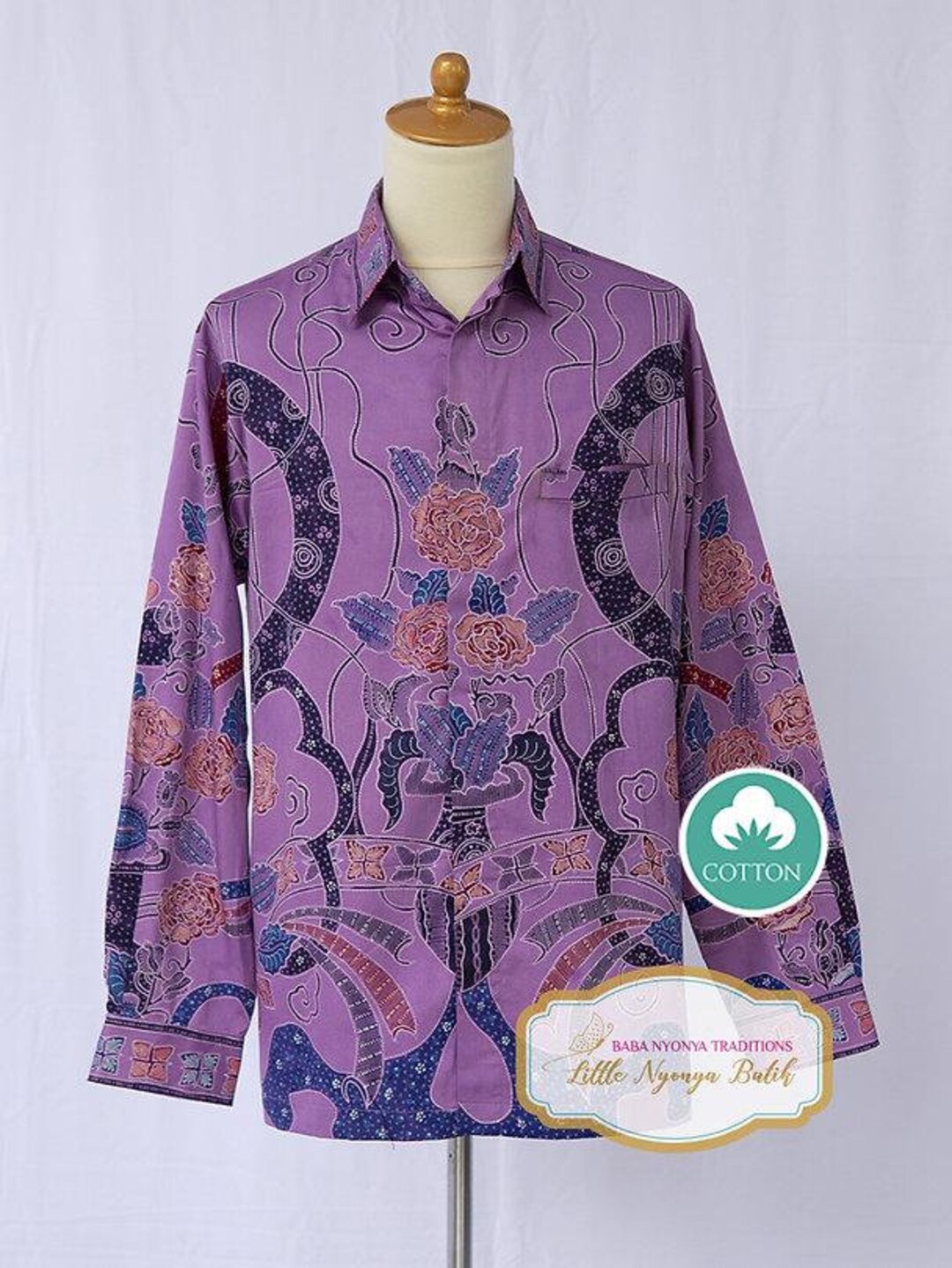 Size L: Peranakan Baba Hand-drawn Batik Shirt. Long Sleeve on Cotton ...