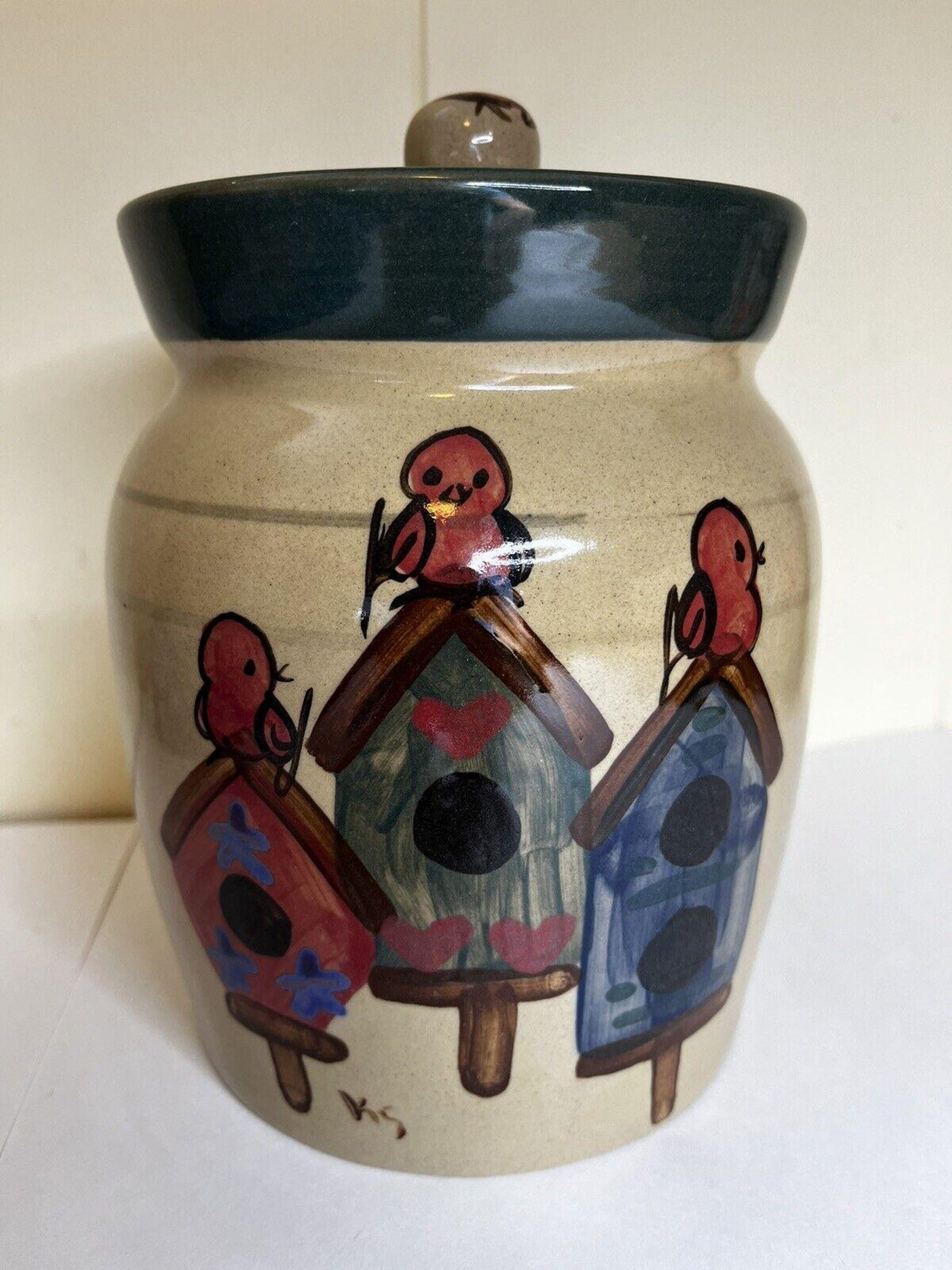 Heather Stone Pottery Canister With Birds & Birdhouses Arts Pottery ...