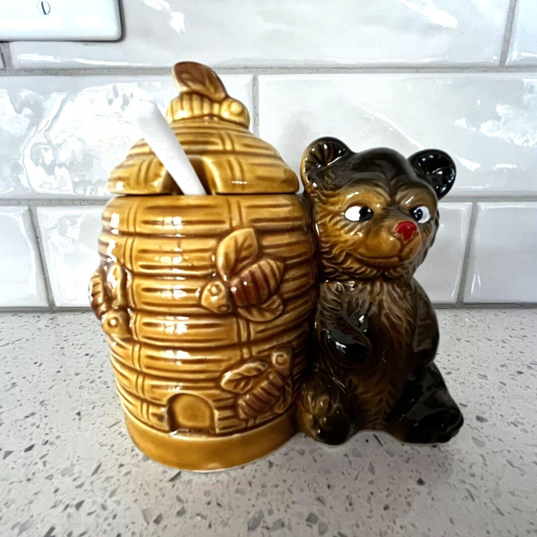 Vintage Kitschy Honey Bear Beehive Honey Ceramic Pot Jar Server W/spoon ...