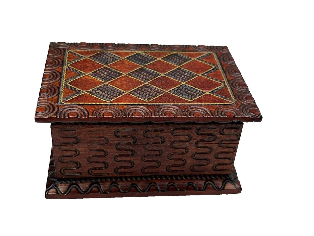 Vintage Polish Hand Carved Wood Trinket Jewelry Box Flowers Unique ...