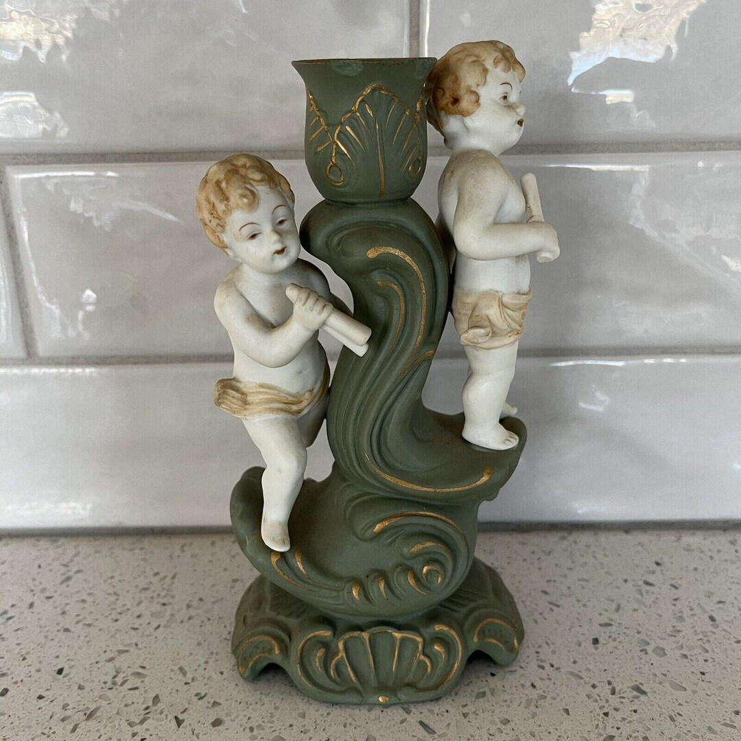 UCAGCO Cherub Green Candlestick Holders Porcelain White Angels Japan ...