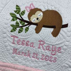 Baby Girl Sloth Heirloom Personalized Baby Quilt Blanket Monogrammed ...