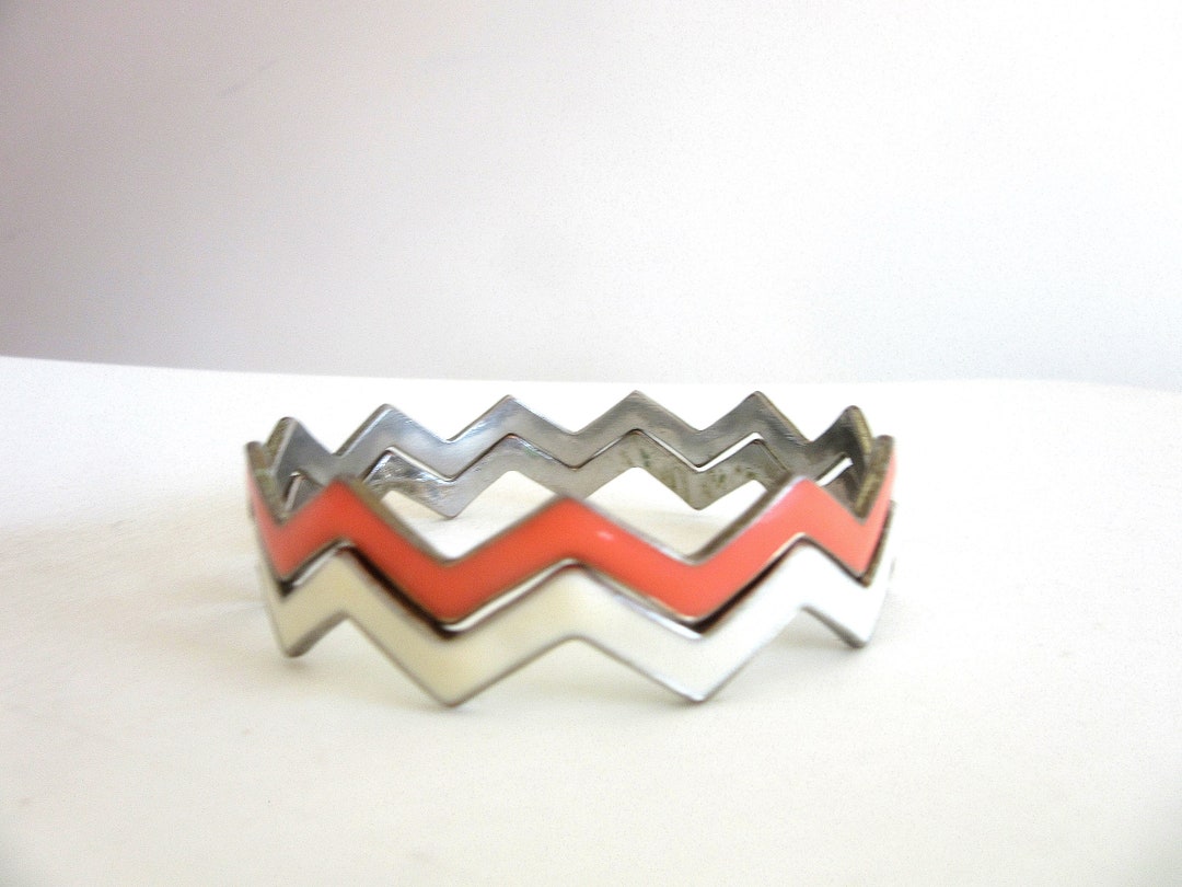 Two Zig Zag Bangles Enamel & Silver Plate Coral Pink and off White - Etsy