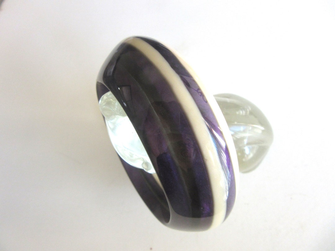 Chunky Bangle Laminated Lucite Purple & Ivory Colors Asymmetrical ...
