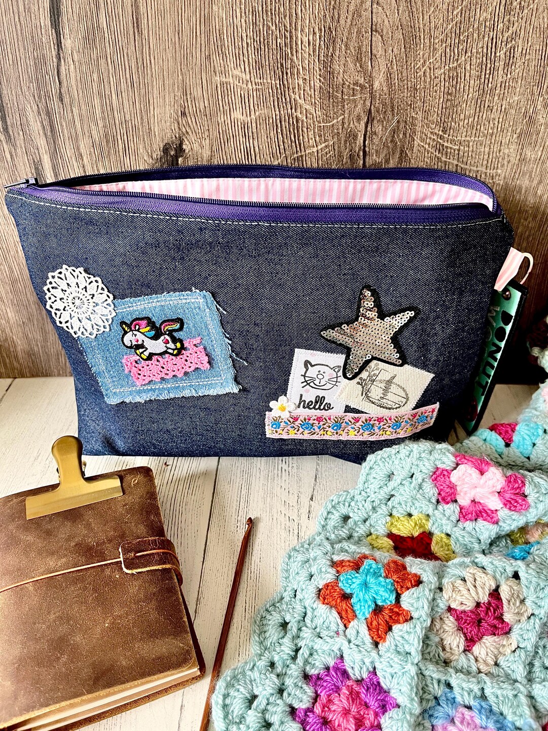 Hand Embellished Kawaii Stamped Patches Denim Zip Case / Knitting Project Bag / Crochet / Sewing ...