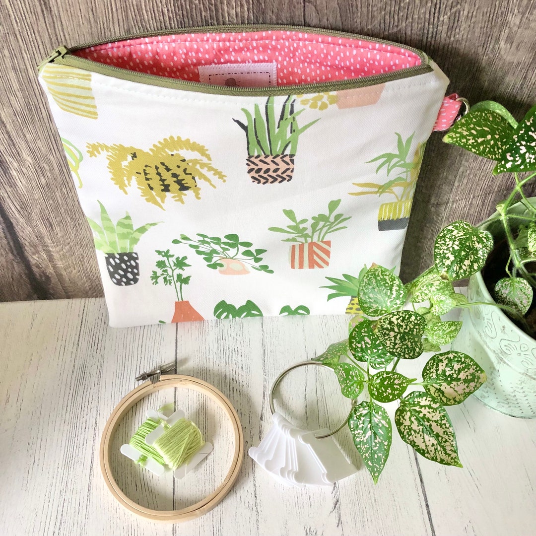Knitting Project Bag / Houseplant Embroidery Cross Stitch Sock Knitting / Crochet Zip Project ...