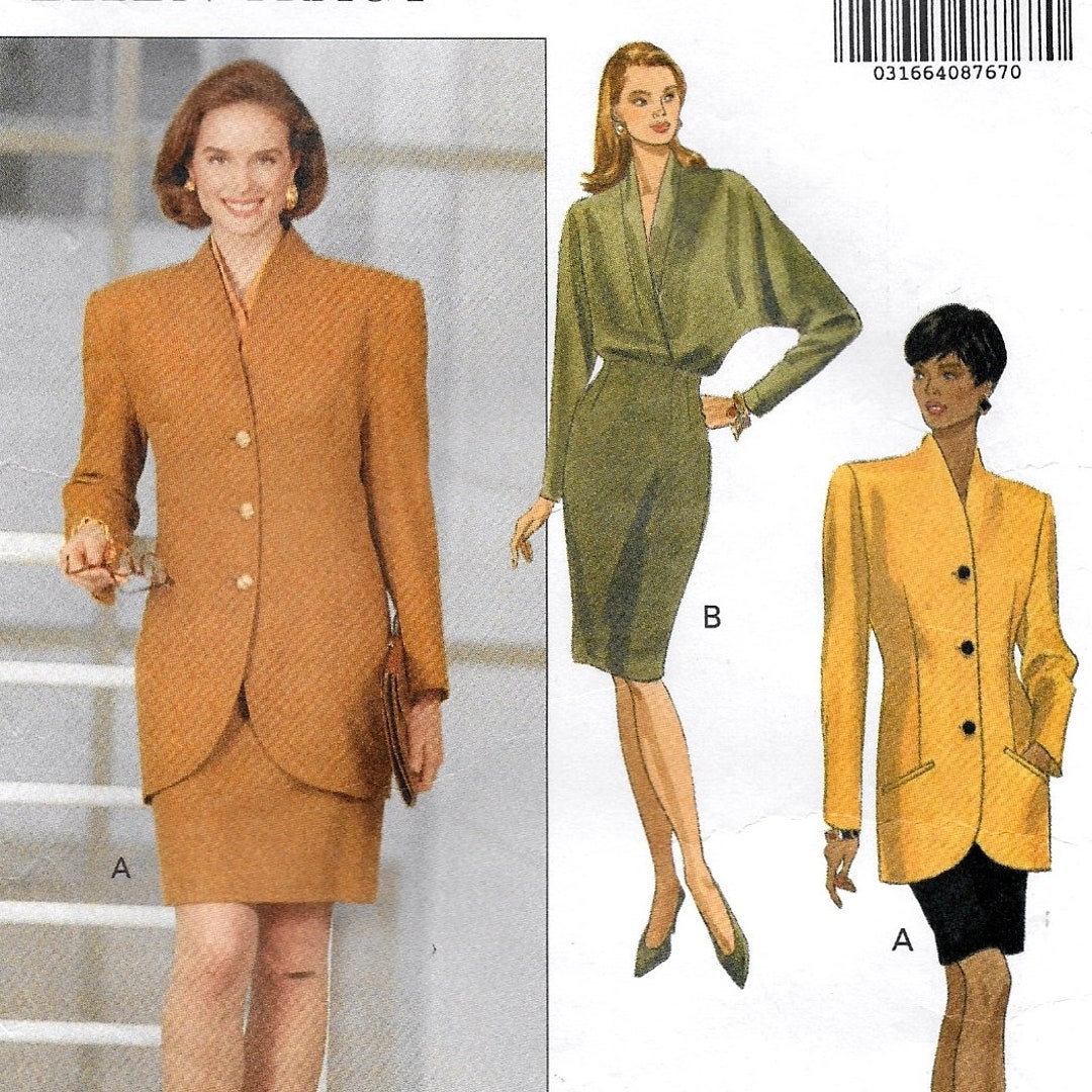 A Raised Neckline Long Jacket, Wrap Blouse, and Raised Waist Straight ...