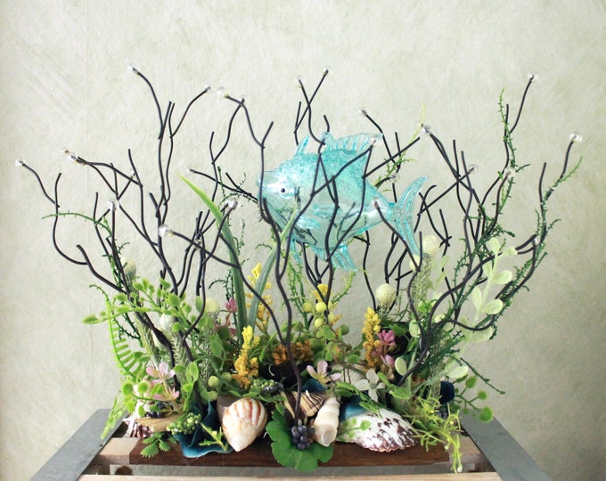 Silk Floral Arrangement- Beach | Ocean | Glass Fish (A24-26). - Etsy