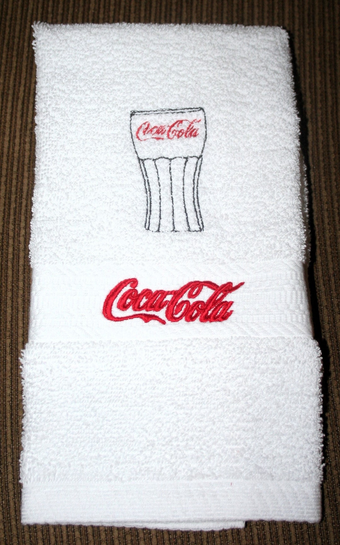 1 "coca Cola Inspired" White Hand Towel W/drinking Glass W/logo Design ...