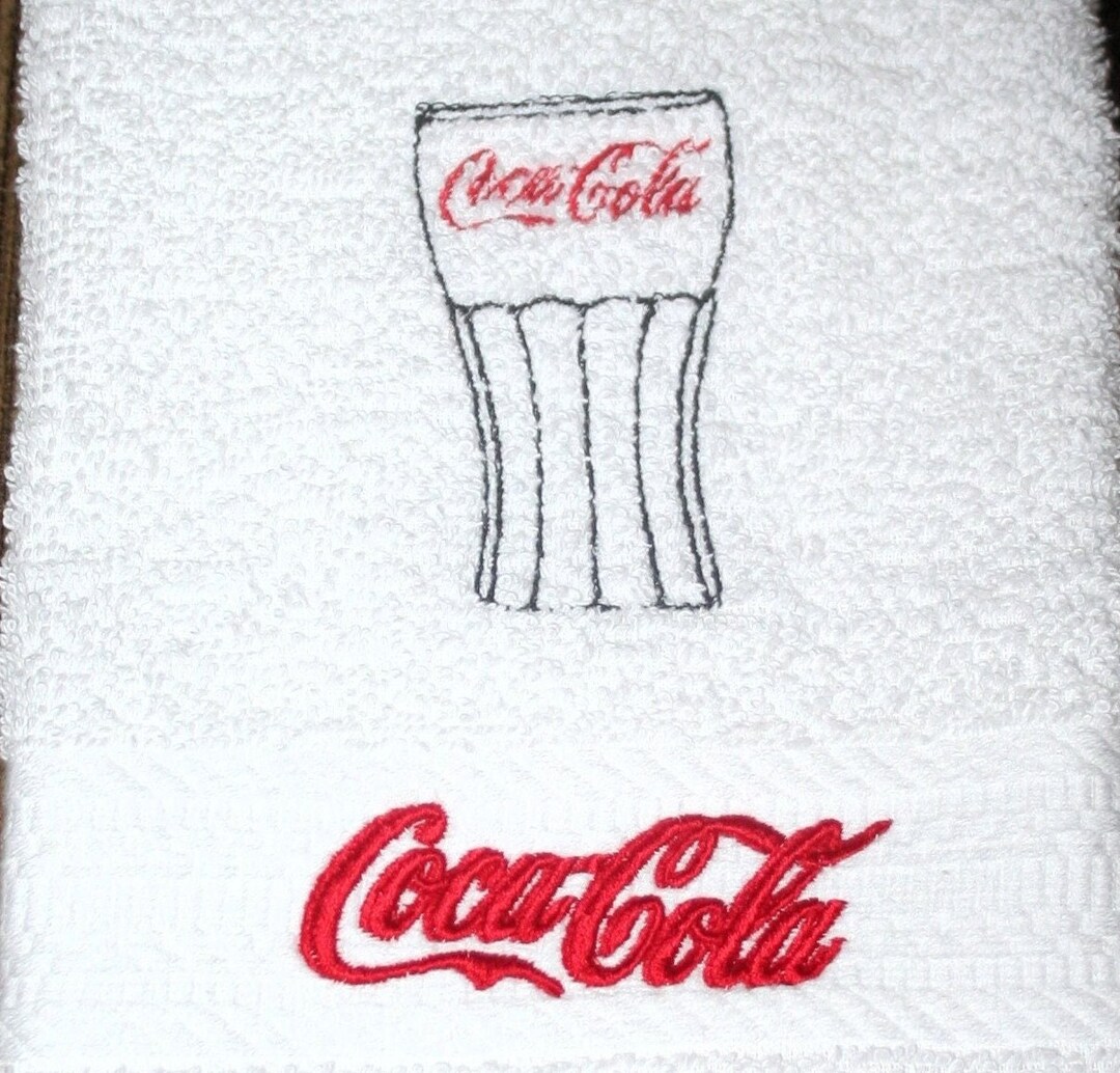 1 Bath "coca Cola Inspired" White Towel W/drinking Glass and Logo ...