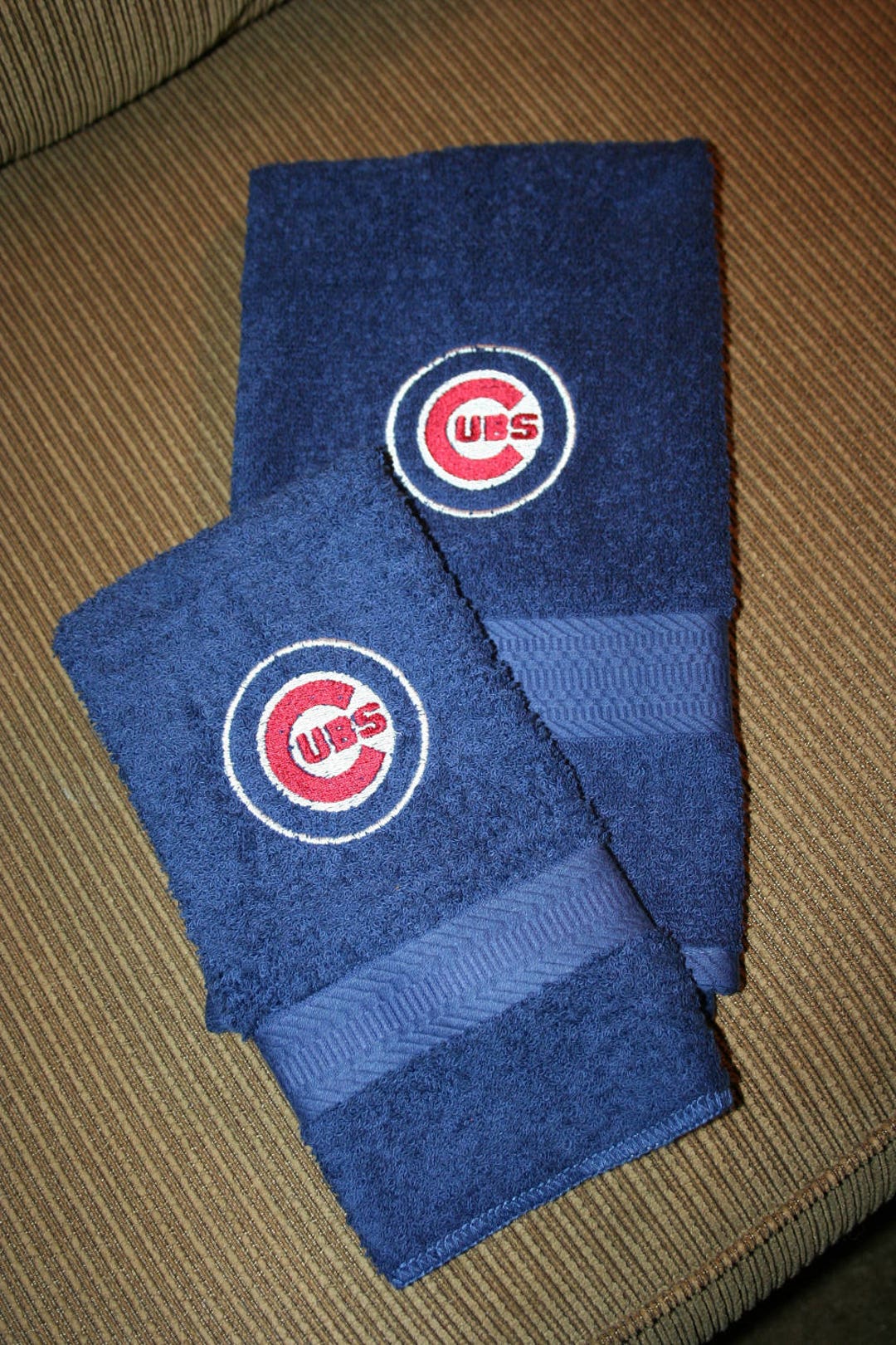 2pc Set "chicago Cubs" Inspired Dark Blue Embroidered Hand Towel and 1 ...