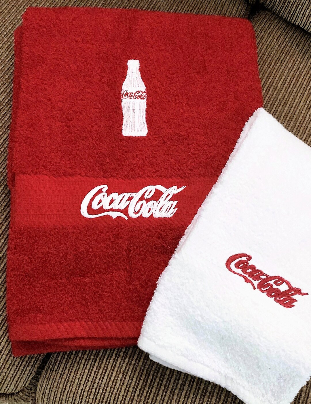Coca Cola Inspired Bottle - 2pc Bath Set-1 Red Bath Towel,1 White Hand ...