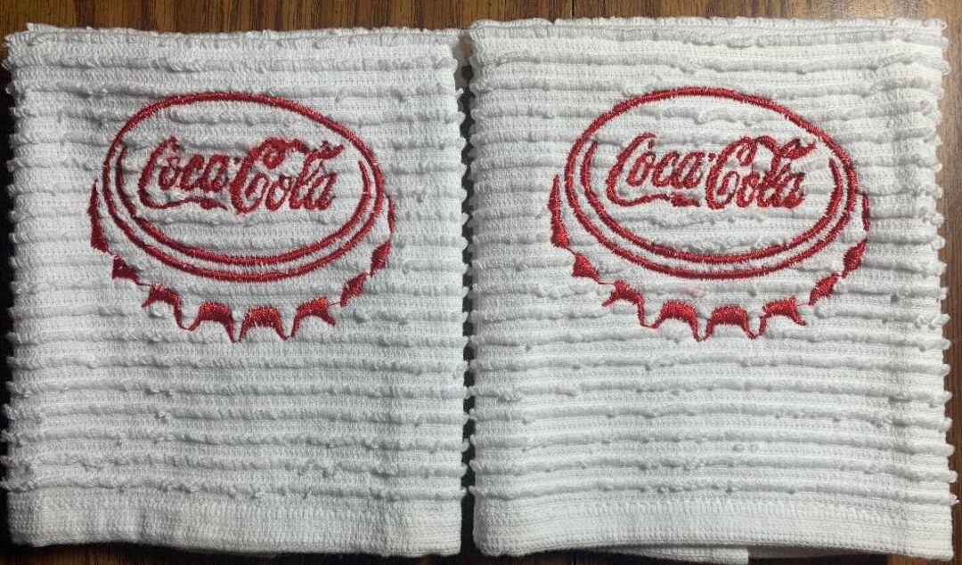 2 Coca Cola Cap Inspired Logo Design 2 White Wash/dish Cloths W/red ...
