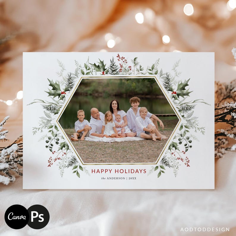 Merry Christmas Photo Card Template, Family Holiday Card, Editable ...