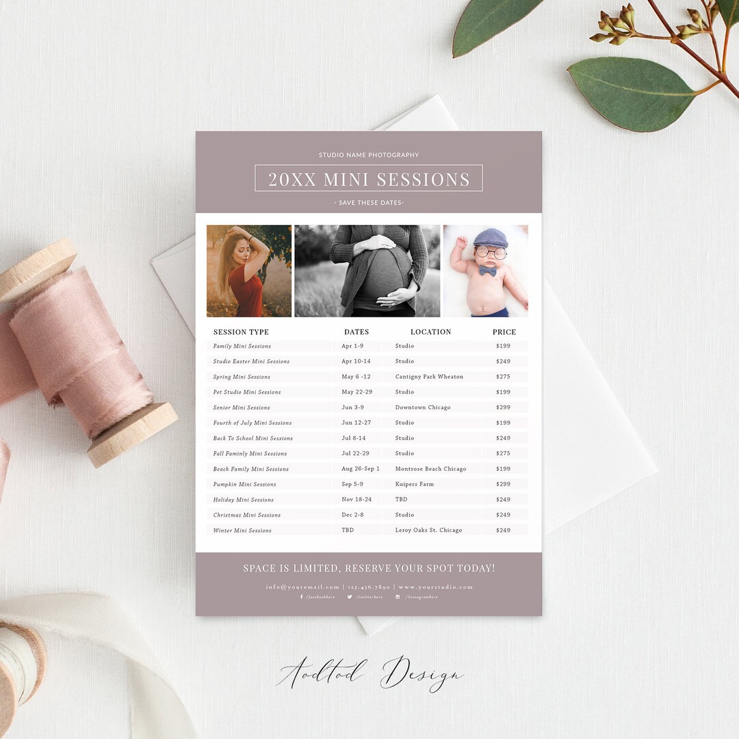 Mini Session Sheet Template for Photographers, Mini Session Schedule ...