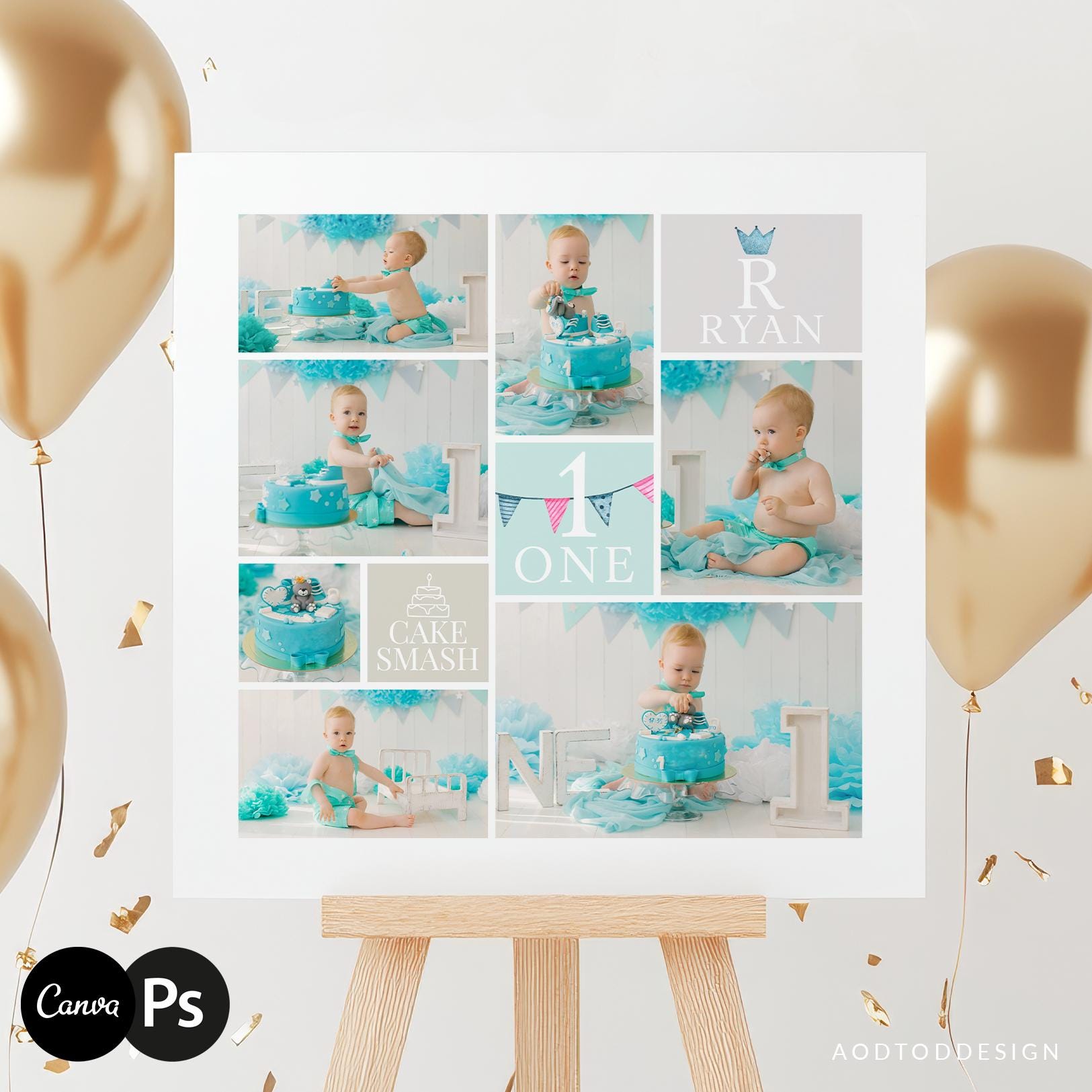 Cake Smash Photo Collage Template, Storyboard for First Birthday, Baby ...