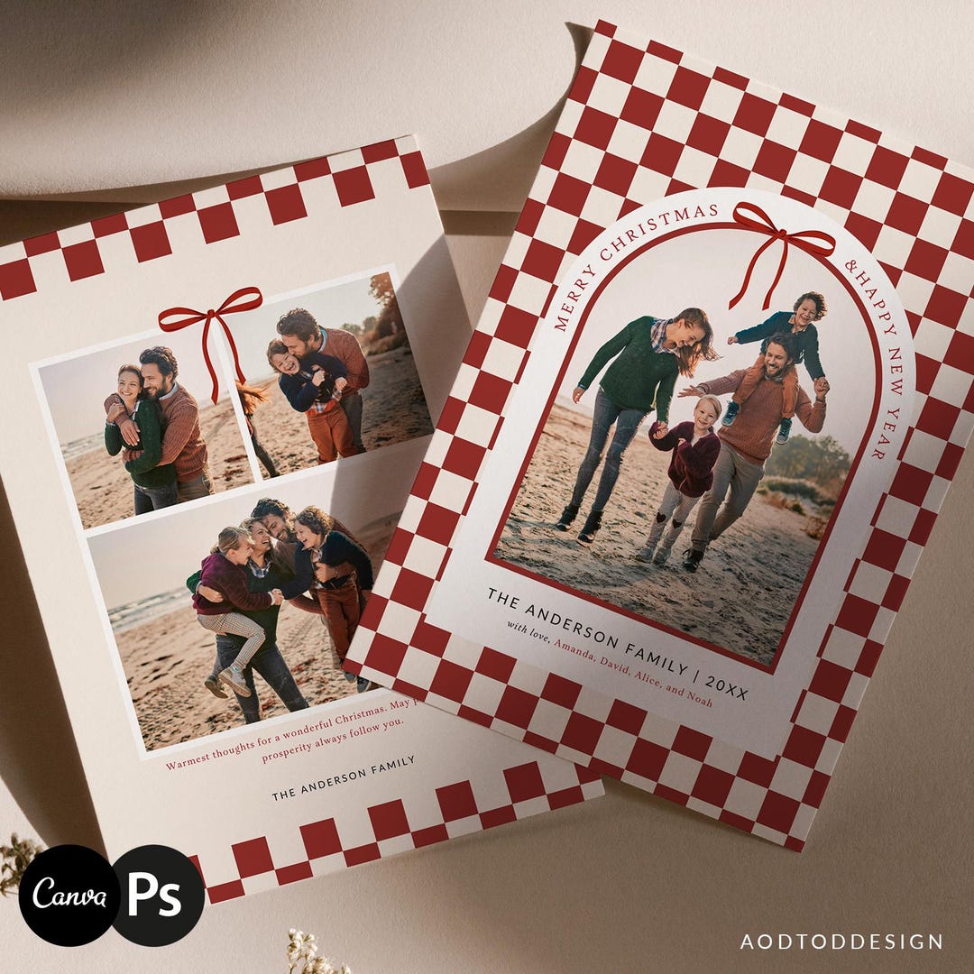 Boho Checkered Holiday Photo Template, Checkerboard Design, Editable in ...