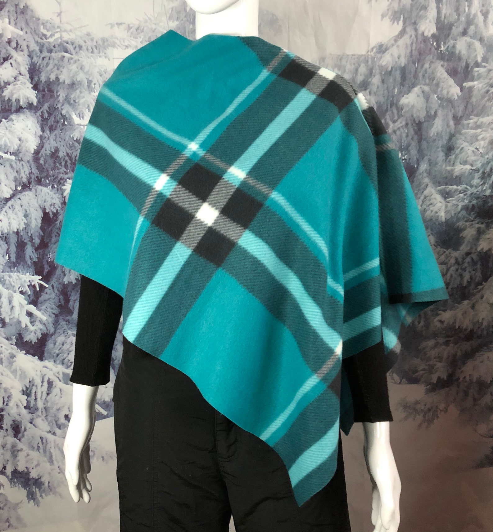 Teal Turquoise Plaid Open Side Poncho Cover up Shawl Short - Etsy