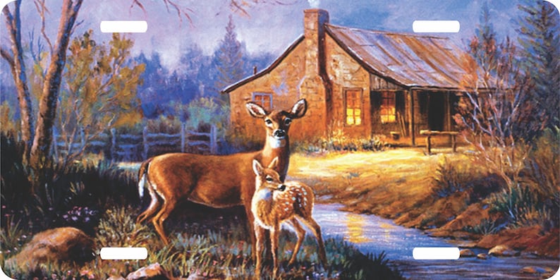 Deer Hunting Doe Fawn Buck Cabin River Brook Creek Stream License Plate ...
