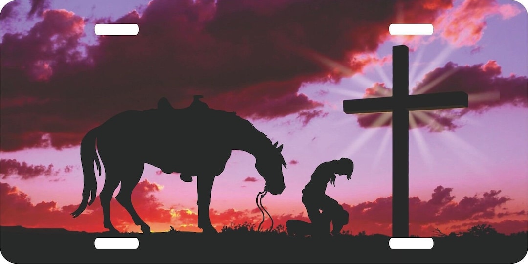 Christian Cowboy Praying Cross Horse Sunset Rodeo License Plate Car ...