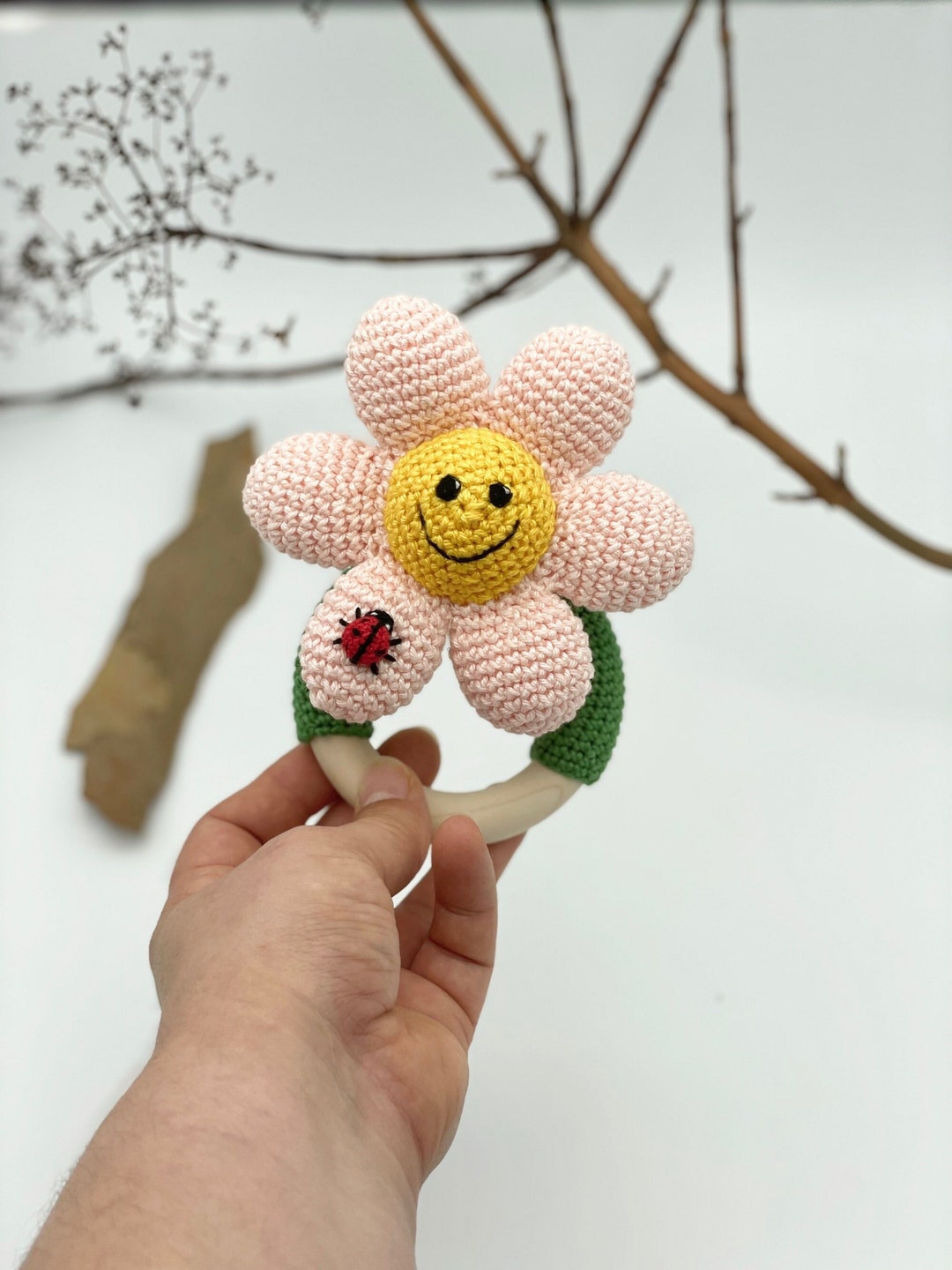Pink Flower Rattle With Ladybird | Handmade Crochet Smiling Flower ...