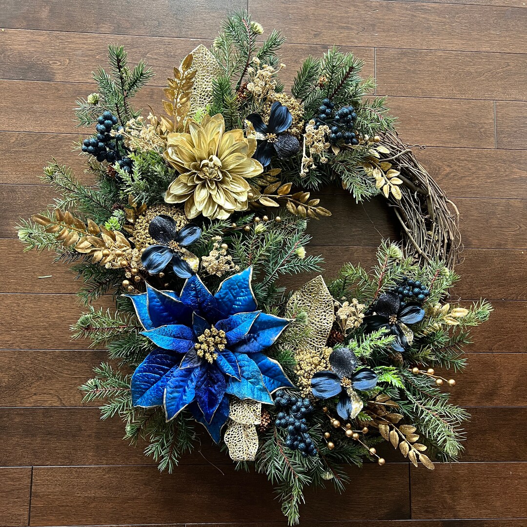 Blue Christmas Wreath, Blue Christmas Door Wreath, Blue Poinsettia ...