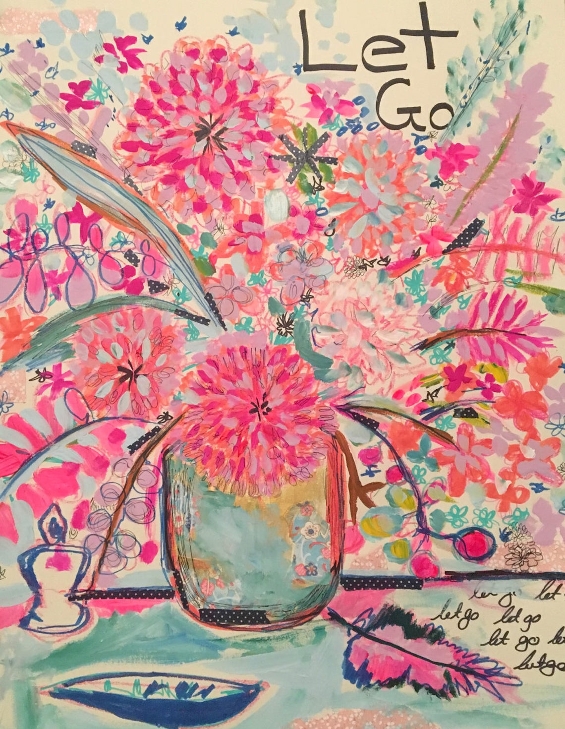 Large Neon Pink Flower Drawing, Flower Painting, Abstract Floral ...