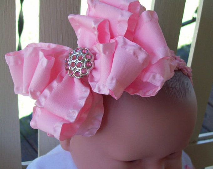 Three Layered Pink Ruffle Bow With Rhinestone Center Fits All - Etsy