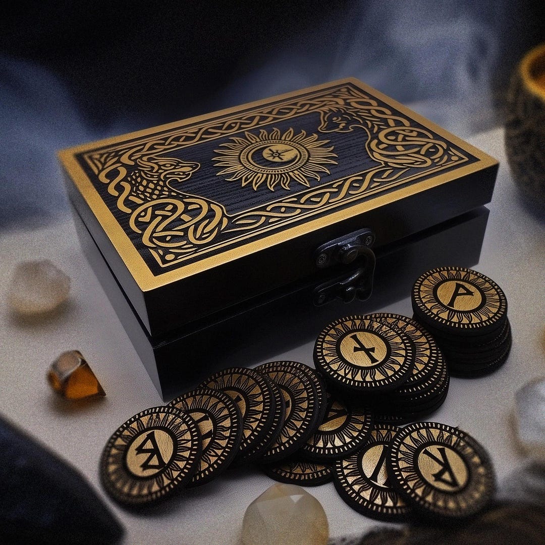 Viking Rune Set Elder Futhark Wooden Box | Sköll Hati Norse Mythology ...