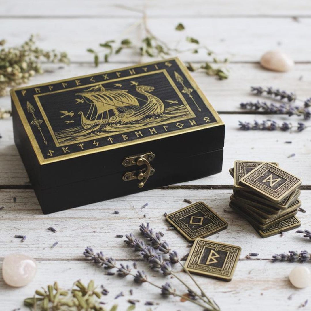 Viking Ship Wooden Rune Set With Box | Elder Futhark Runes | Viking ...