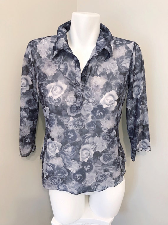 Y2K Blue Floral Sheer Mesh Top - Gem