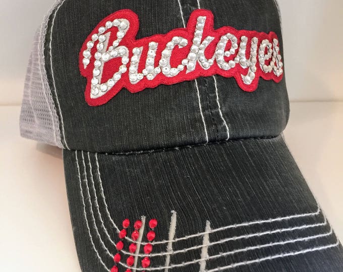 BUCKEYES Bling Hat Distressed Trucker Cap Ohio State Football Swarovski ...
