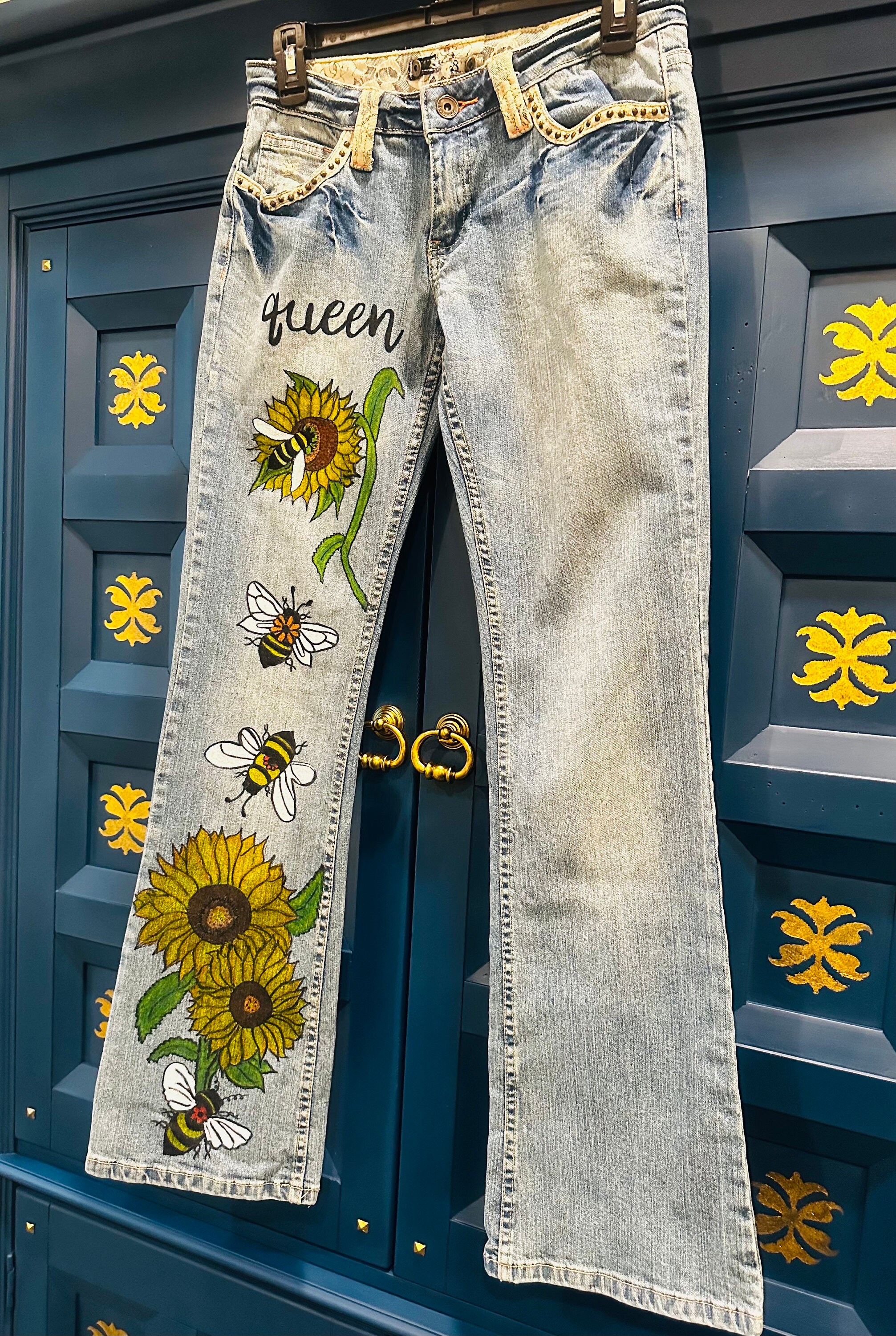 Vintage Bootleg Upcycled/boho/sunflower Jeans/bohemian/hipsterjeans ...