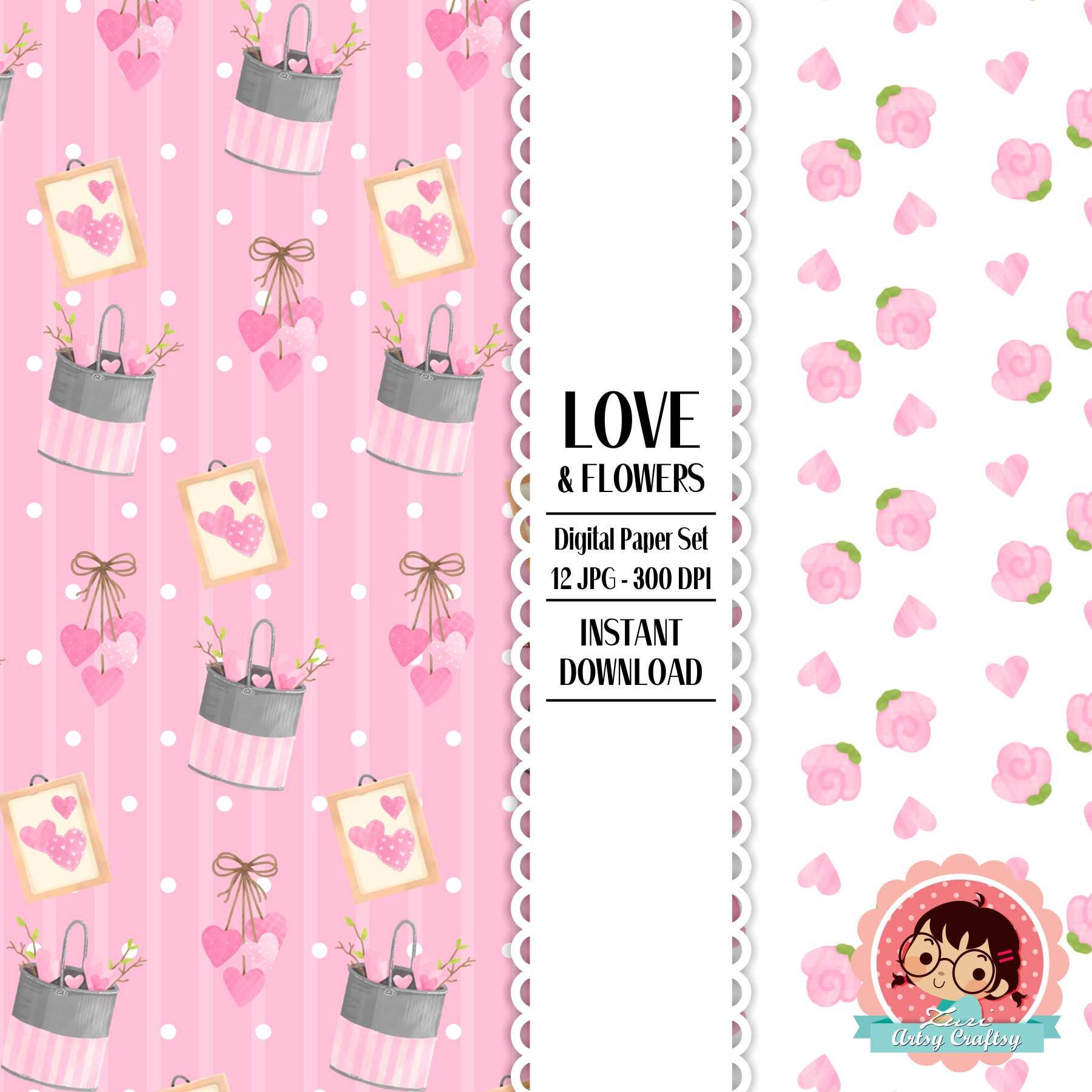Love and Flowers Digital Paper Set Digital Paper Pack Instant | Etsy