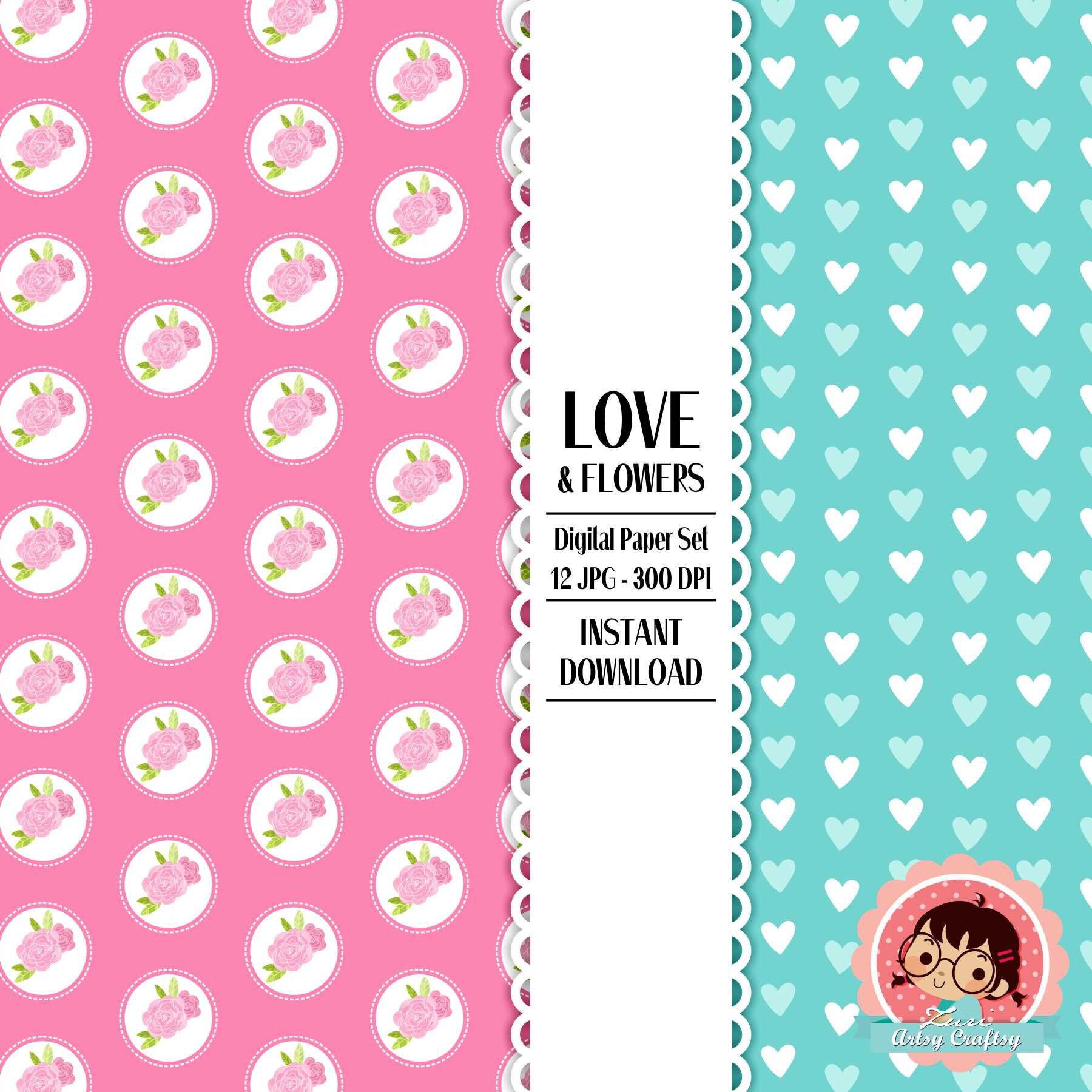 Love and Flowers Digital Paper Set Digital Paper Pack Instant | Etsy