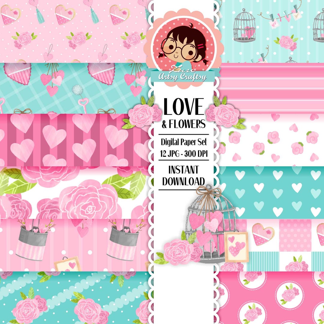 Love and Flowers Digital Paper Set Digital Paper Pack Instant Download ...