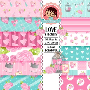 Love and Flowers Digital Paper Set Digital Paper Pack Instant Download ...