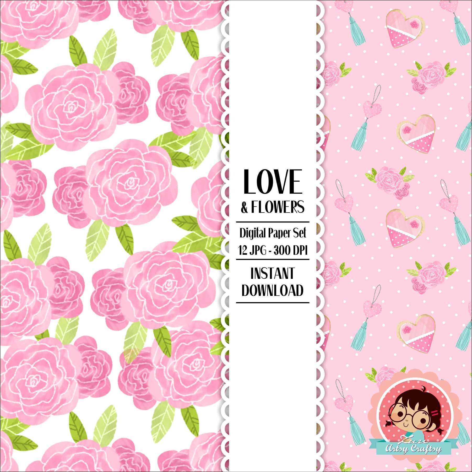 Love and Flowers Digital Paper Set Digital Paper Pack Instant | Etsy