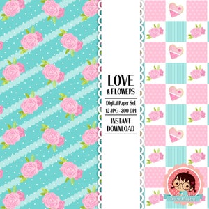 Love and Flowers Digital Paper Set Digital Paper Pack Instant Download ...