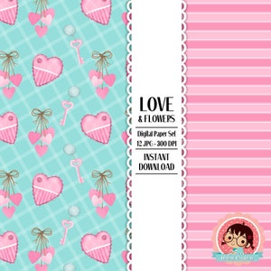 Love and Flowers Digital Paper Set Digital Paper Pack Instant Download ...