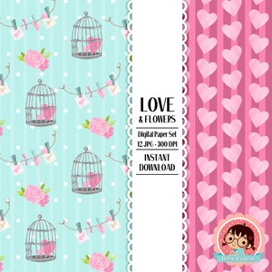 Love and Flowers Digital Paper Set Digital Paper Pack Instant Download ...