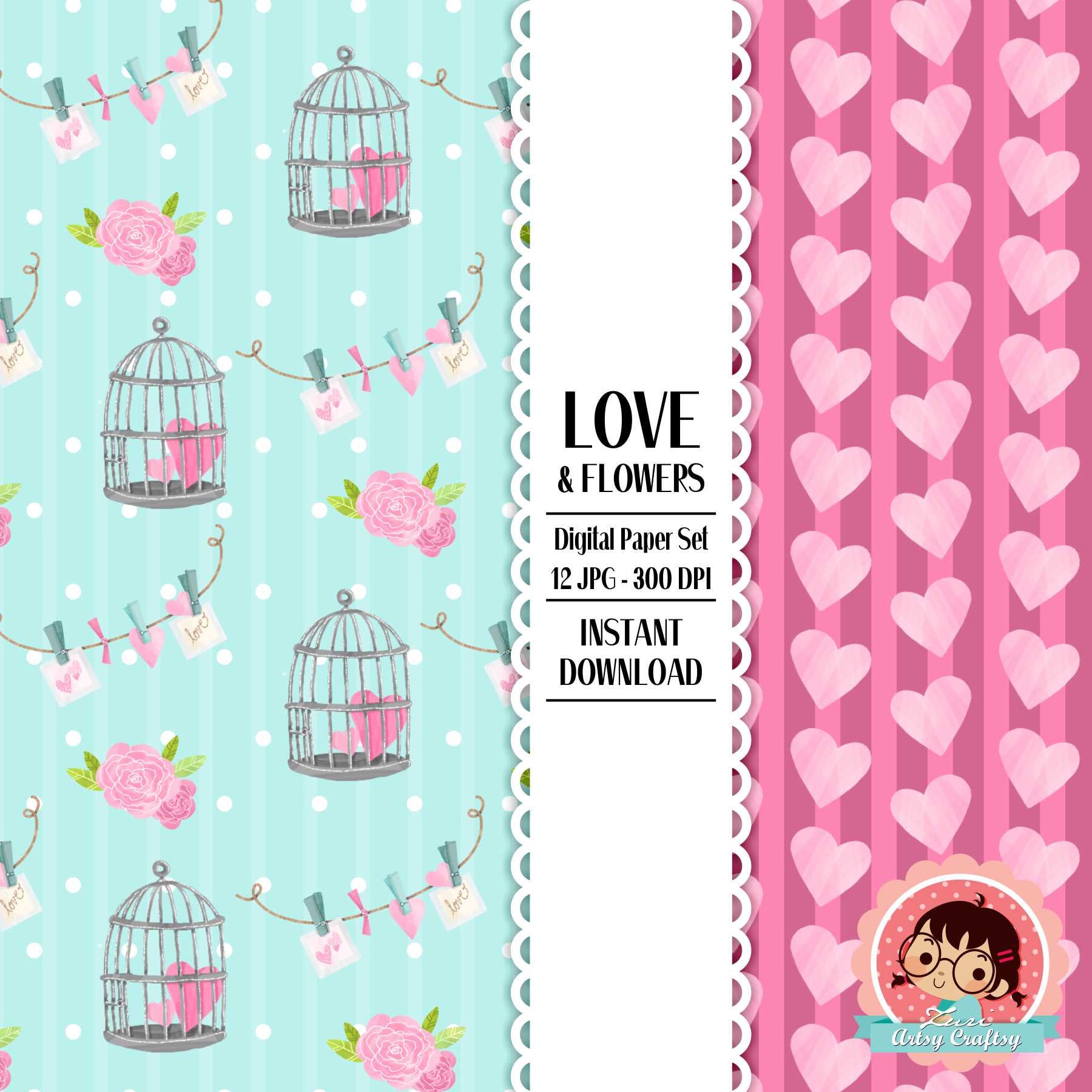 Love and Flowers Digital Paper Set Digital Paper Pack Instant | Etsy